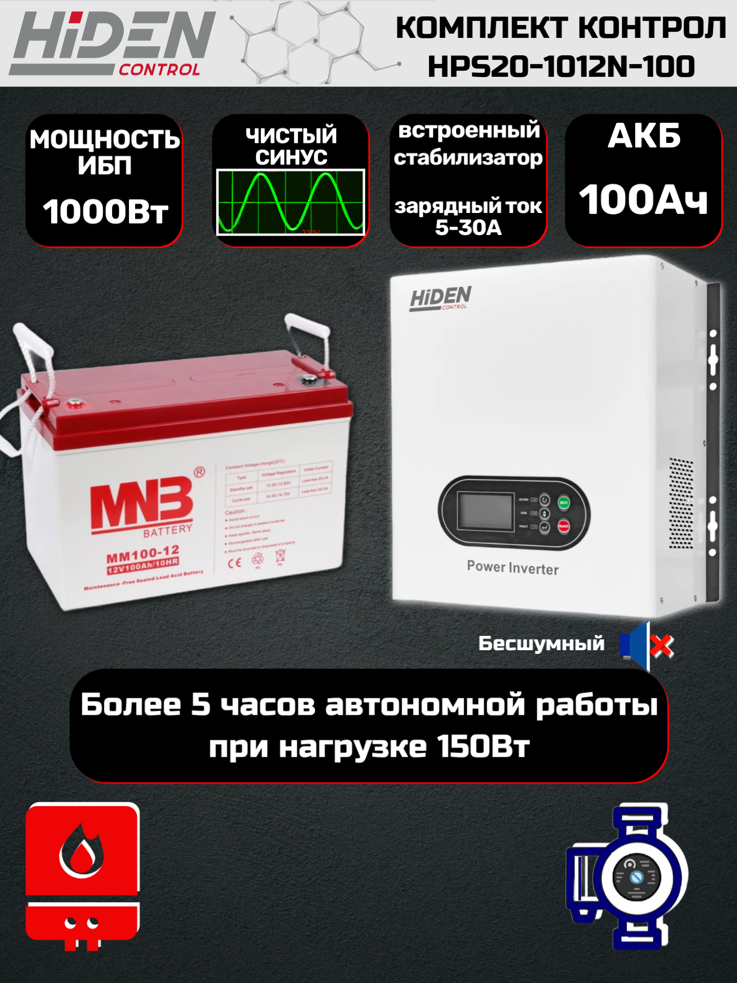 Комплект ИБП Контрол HPS20-1012N-100 для газового котла и циркуляционных насосов (1000Вт, 100Ач)