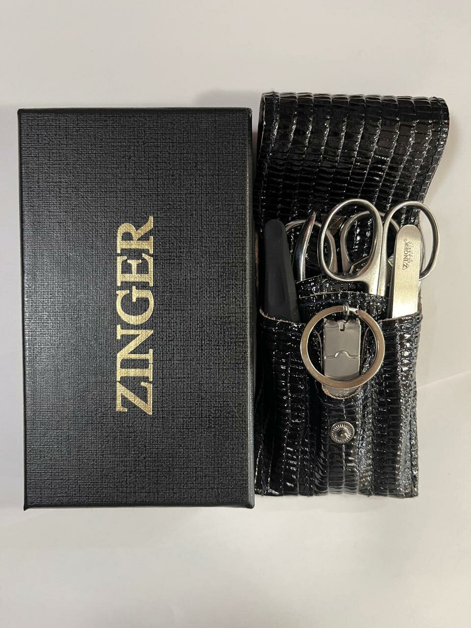 Маникюрный набор ZINGER MS-ZM-12, S-SF дорожный, медицинская сталь, 5 предметов, черный лаковый крокодил