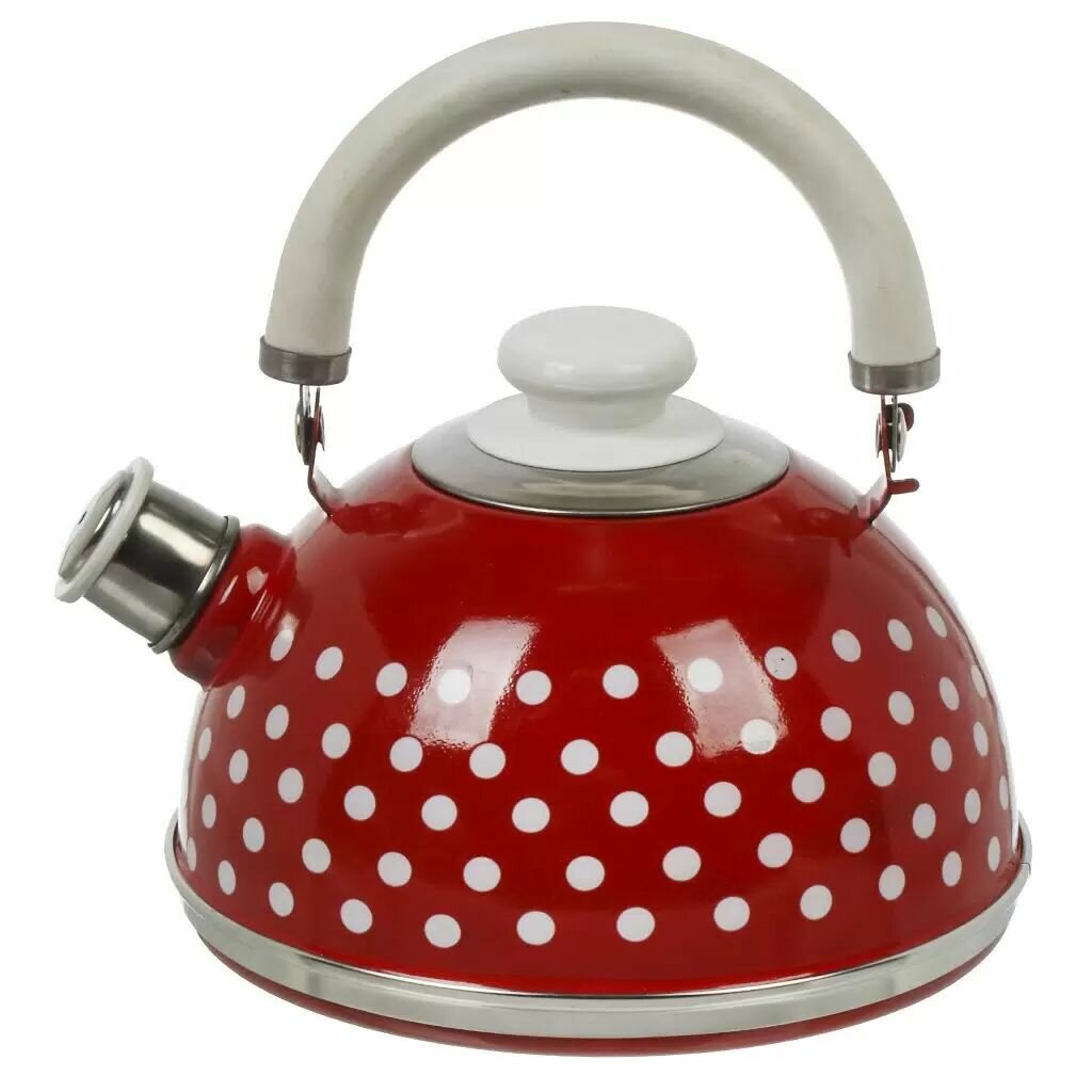 Чайник Рубин стальной эмалированный, 2,5 л, со свистком, с подвесной ручкой, Белые горохи, бордо