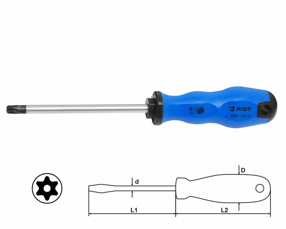 Отвертка звездочка TORX (торкс) T45H 130мм с отверстием AIST 850113045