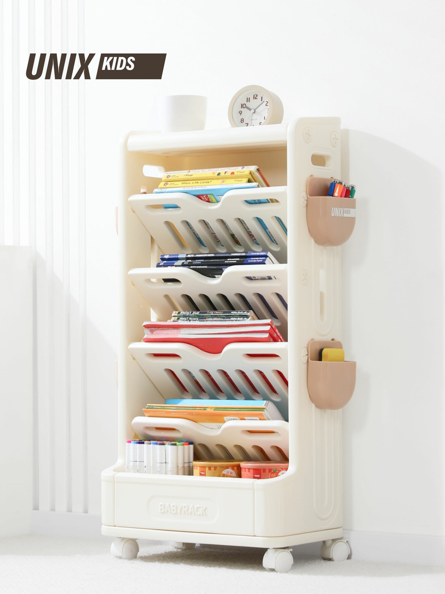 Детский стеллаж для книг UNIX Kids Babyrack 4 / полка органайзер Монтессори для учебников, тетрадей и канцелярии напольный 81 см, тумба для игрушек в детскую на колесиках