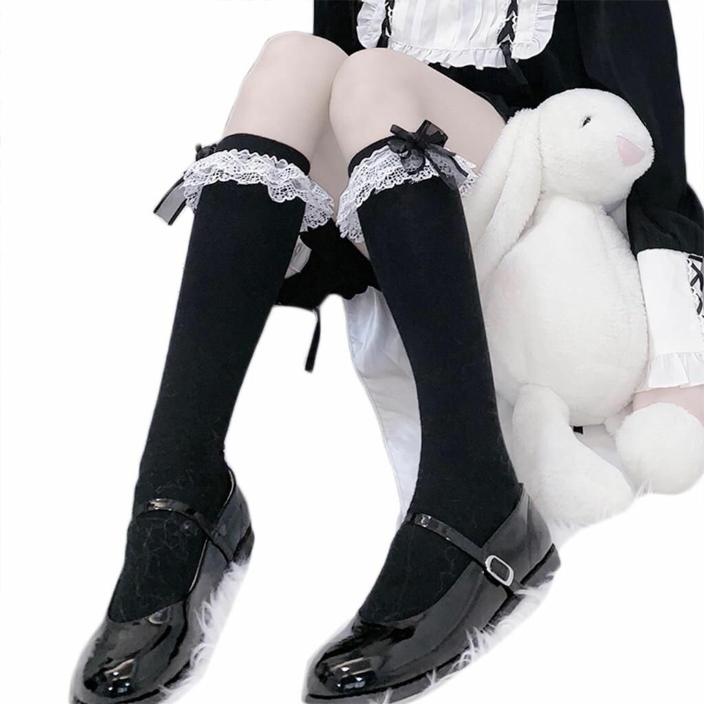 Кружевные Чулки Lolita Medium-Кружево С Большим Бантом Черного Цвета