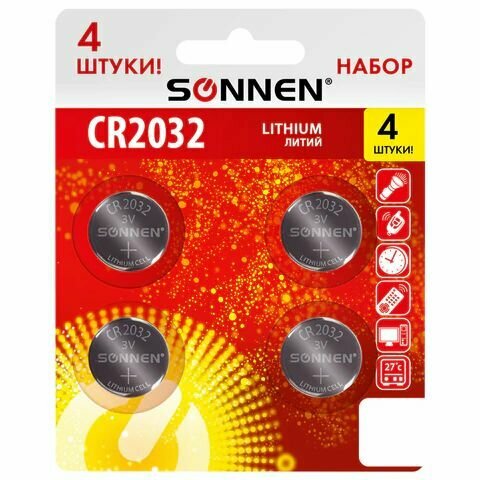 10 шт. Батарейки литиевые SONNEN Lithium CR2032, "таблетки, дисковые, кнопочные", комплект 4 шт, блистер, 457142