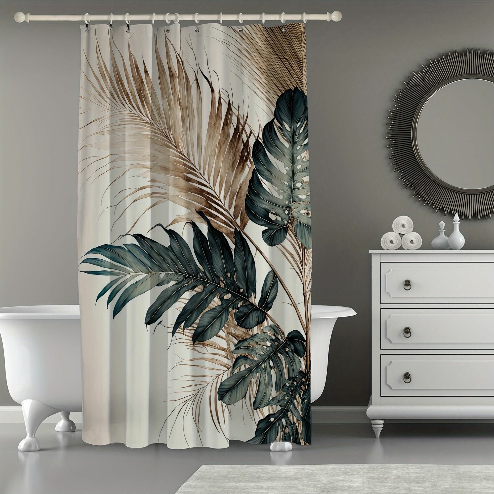 Штора для ванной тканевая с принтом "Папоротник", белая, коричневая, 180x180см, водонепроницаемая, кольца в комплекте