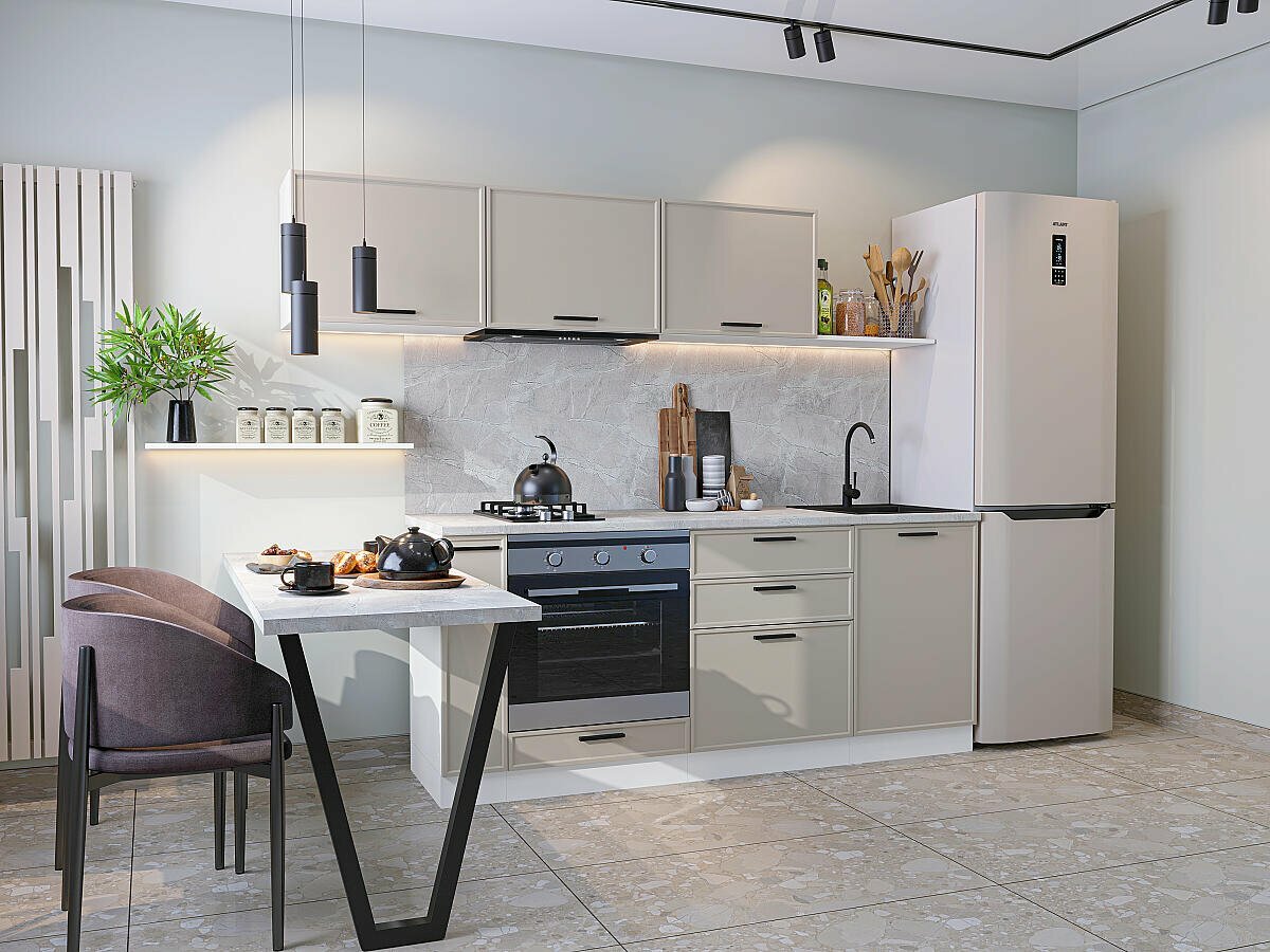 Готовый кухонный гарнитур кухня 2,3 м. Фрейм-01 Clay Silk, Белый со столешницей 230х178х60 см