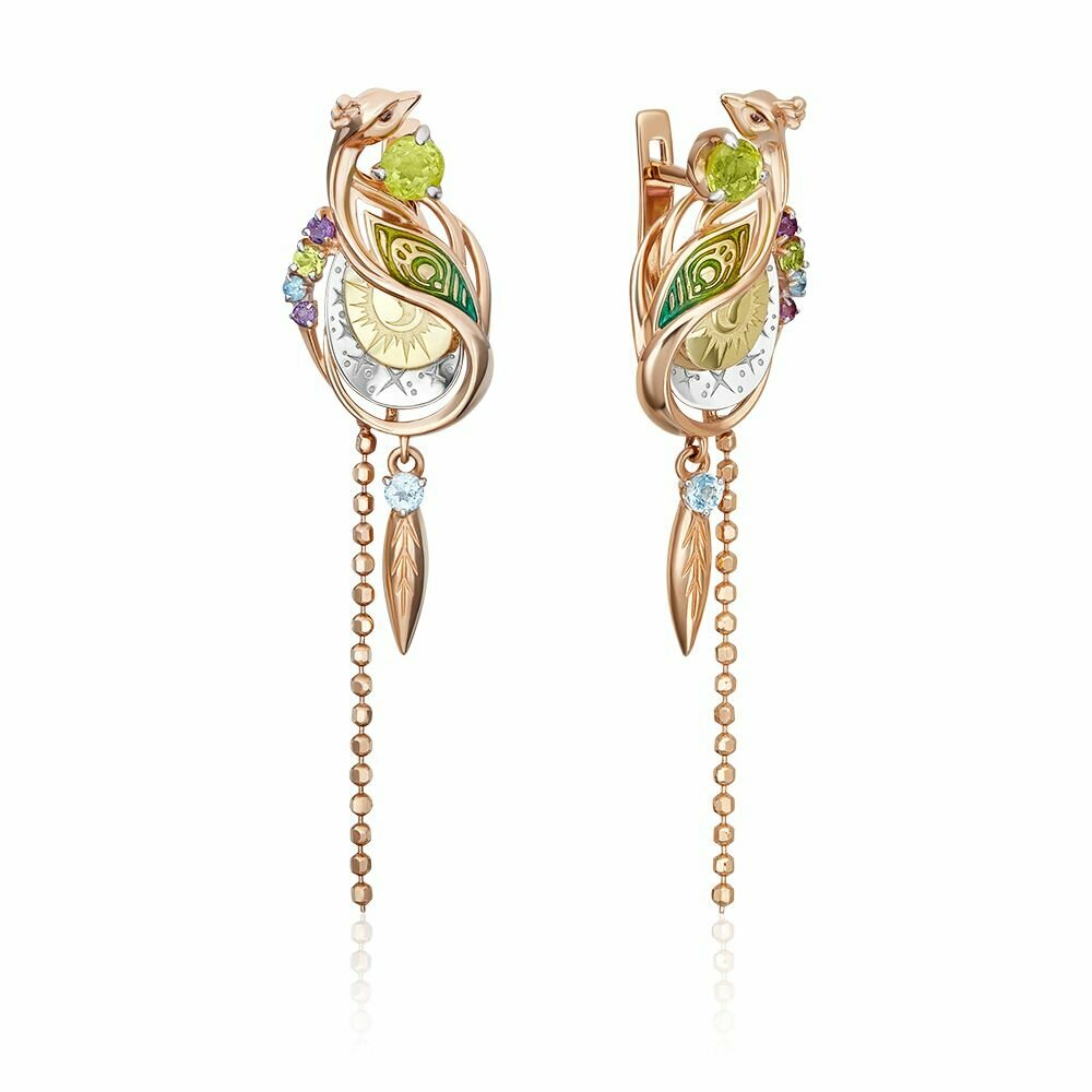 Серьги, комбинированное золото, 585 проба, топаз, эмаль, хризолит, аметист