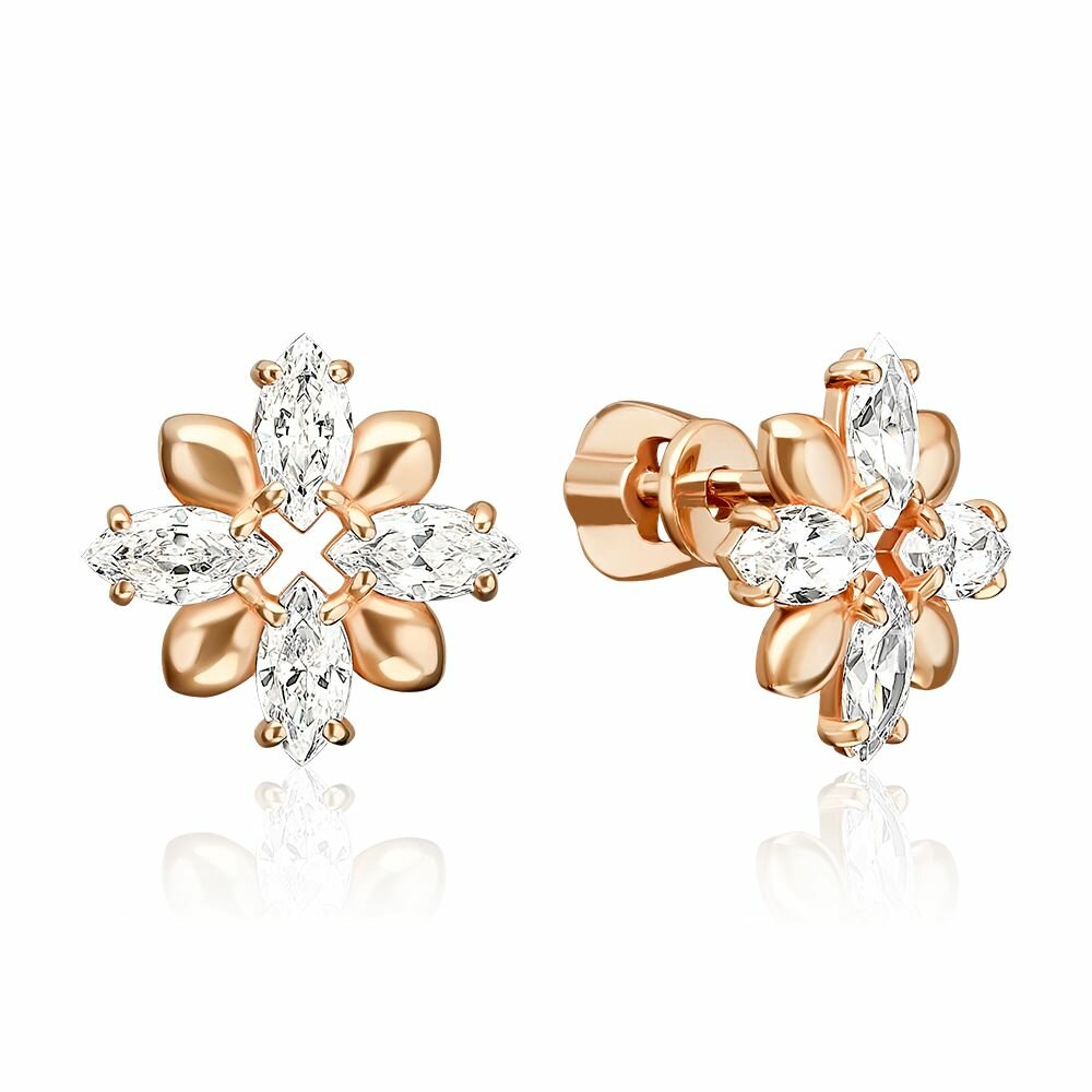 Серьги пусеты, красное золото, 585 проба, фианит