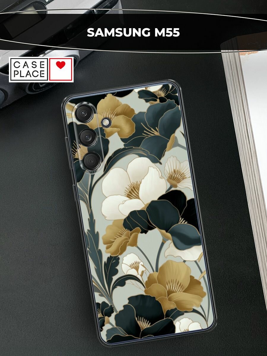 Чехол на Samsung Galaxy M55 / Самсунг M55 с принтом Золотые и белые цветы