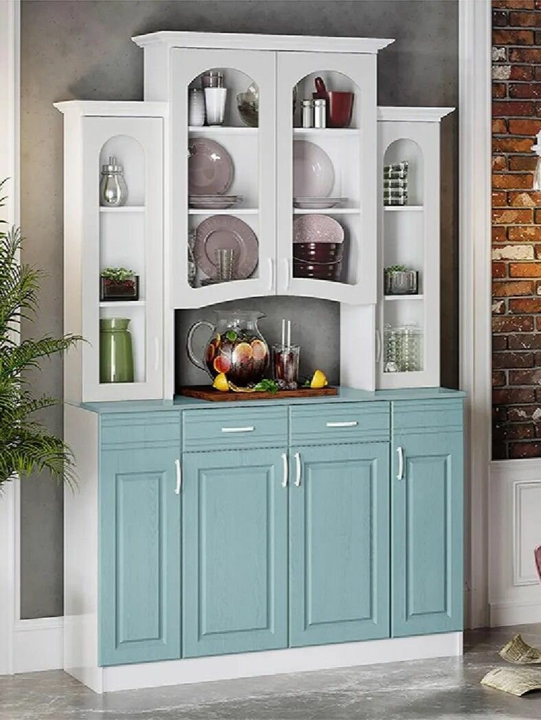 Буфет 4-х створчатый Констанция (Белый матовый/Голубой, Белый)