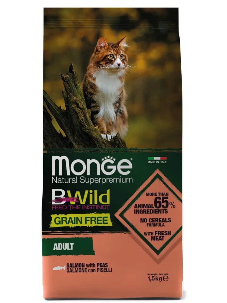 Сухой корм Monge Cat BWild GRAIN FREE для кошек, из лосося, беззерновой, 1.5 кг