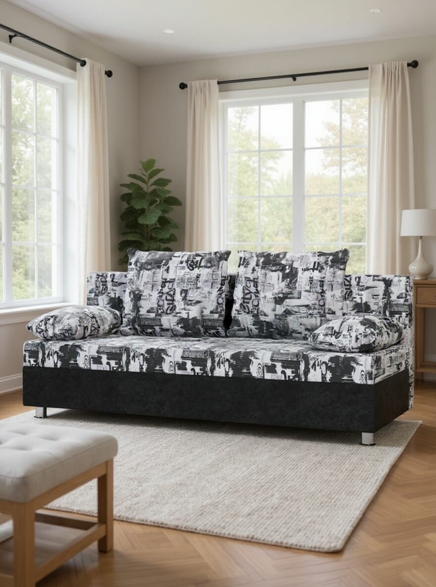 Диван-кровать прямой раскладной "Британия" с ящиком для белья, велюр с принтом Сити, без подлокотников