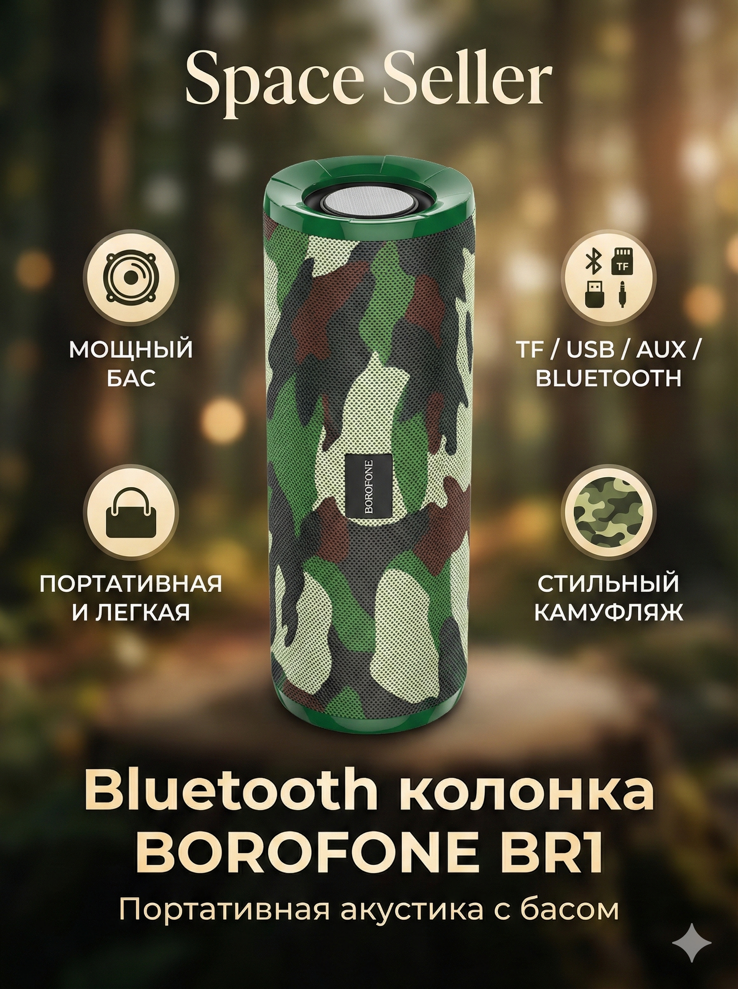 Беспроводная колонка BOROFONE BR1 — мощный бас, TF/USB/AUX, влагостойкая, камуфляж зелёный