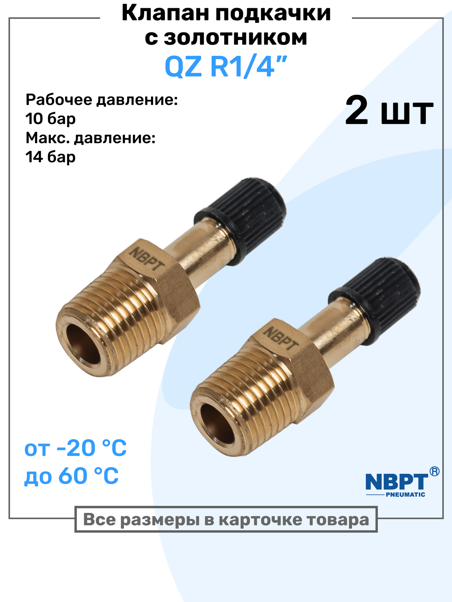 Клапан подкачки QZ 02 - R1/4", Ниппель с золотником, штуцер для подкачки, NBPT, Набор 2шт