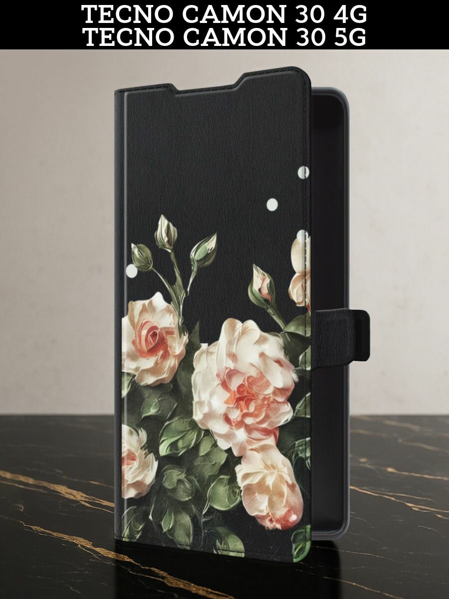 Чехол-книжка на Tecno Camon 30 4G / Tecno Camon 30 5G (Текно Камон 30 4G / Текно Камон 30 5G) с картой и принтом "Цветочная картина 2"