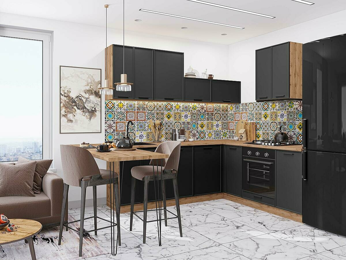 Готовый кухонный гарнитур кухня без столешницы Фрейм-03 Stormy Silk, Дуб Вотан