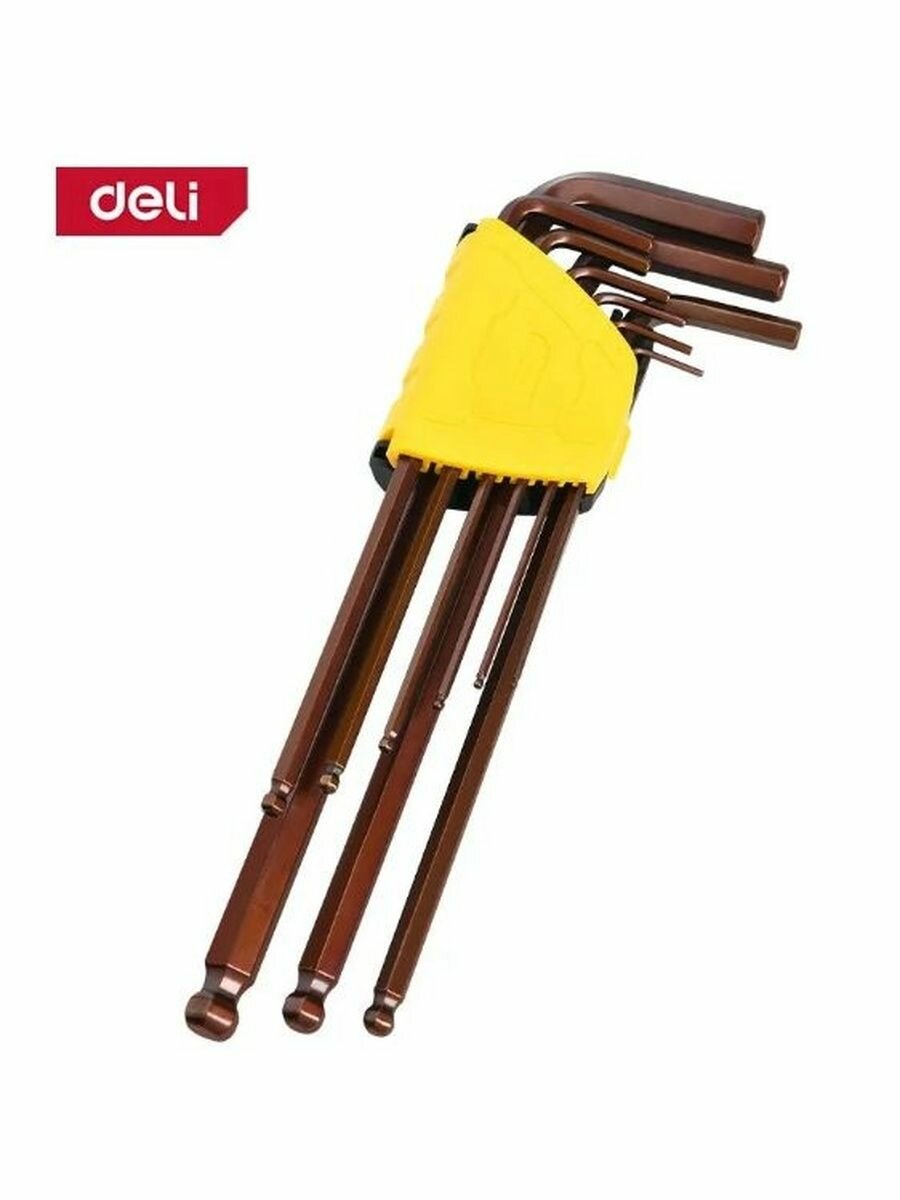 Набор шестигранных ключей DELI DL230809G с шаром сверхдлинных, 9шт, Cr-V, пластиковый держатель