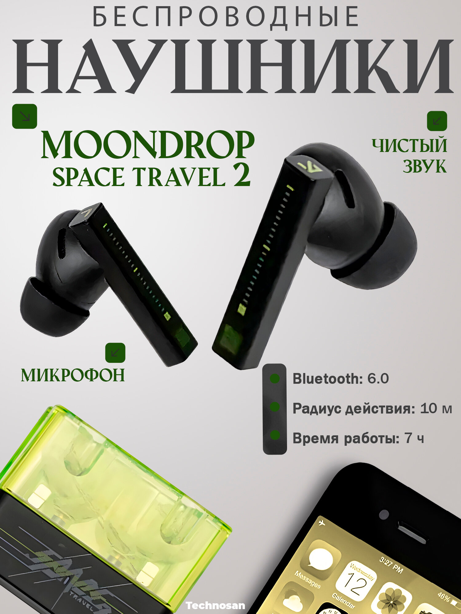 Наушники Moondrop Space Travel 2, шумоподавление, Bluetooth, черные