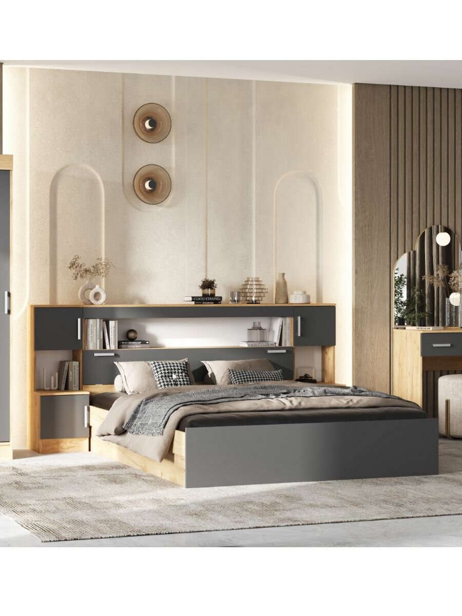 Кровать двуспальная Бася 2335х1016х2229, Дуб крафт/Графит, с надстройкой и тумбами, МИФ