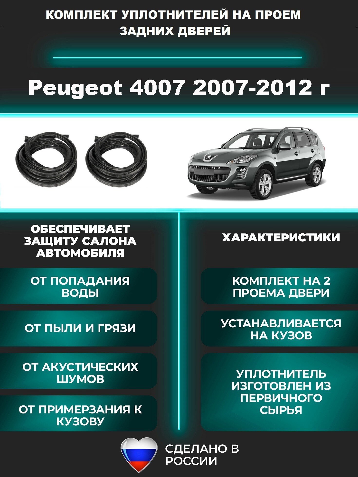 Комплект уплотнителей проема задних дверей подходят на Peugeot 4007 2007-2012 г / Пежо 4007 - 2 шт