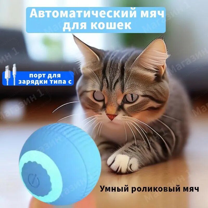 Игрушка для кошек интерактивная, Умный мячик для кошек, порт для зарядки type-c, диаметр 43 мм, вес 40 г, пищевой силикон, синий, 1 шт.