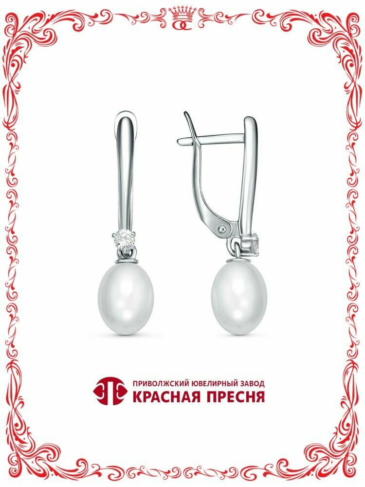 Серьги, серебро, 925 проба, родирование, жемчуг имитация, фианит