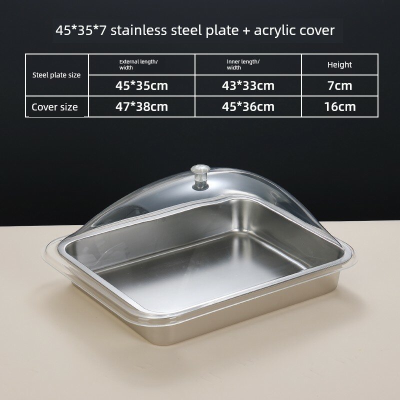 Нержавеющая сталь подставка 45x35x7 см с акриловым колпаком 48x38 см, устойчивость к 80°C, не для нагрева, крышка для