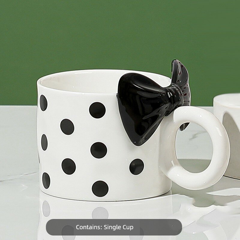Керамическая кружка с ручной росписью в горошек и объемным бантом, милая женская кофейная чашка, нишевая