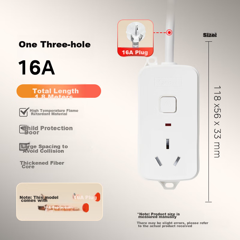 Midea 16A High-Power Air Conditioner Socket with Switch Power Strip/Extension Cord/Power Bar/Power Strip/Power Board, 1 Master Control, 1.8 Meters Long