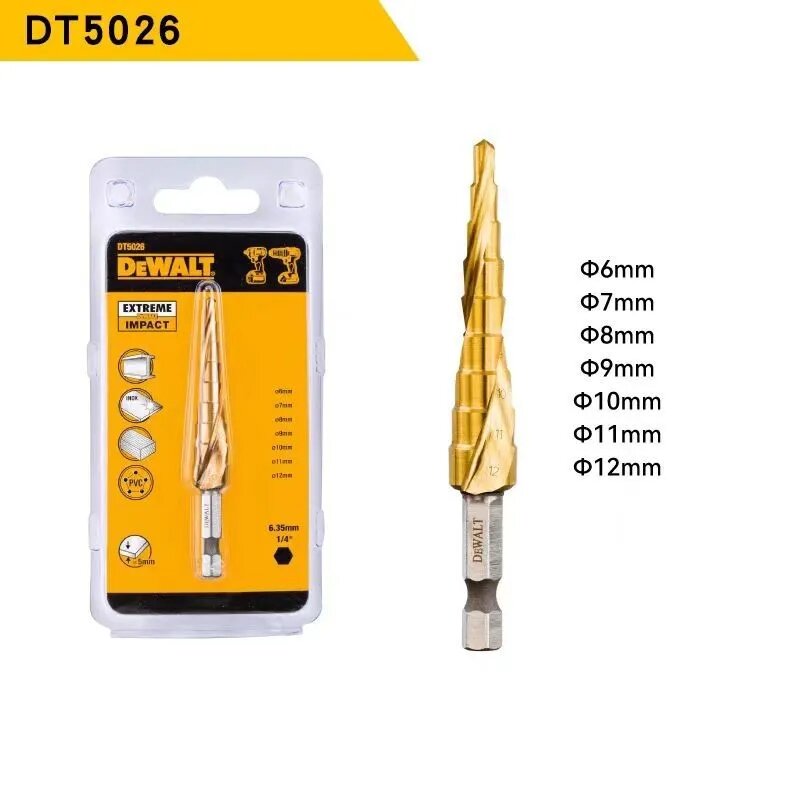 DEWALT ,6-12 мм Погода Винтовое ступенчатое сверло для дерева, тонкого металла, аксессуары для высокоскоростных сверл, золотой, DT5026