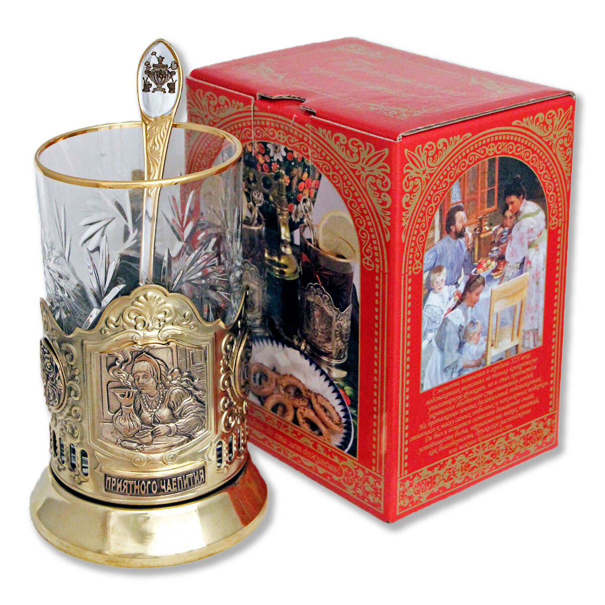 Набор для чая "Приятного чаепития" (3 пр.) (стакан - хрусталь, картонная коробка, ложка - нерж. сталь зол.) ПДЛ-404К