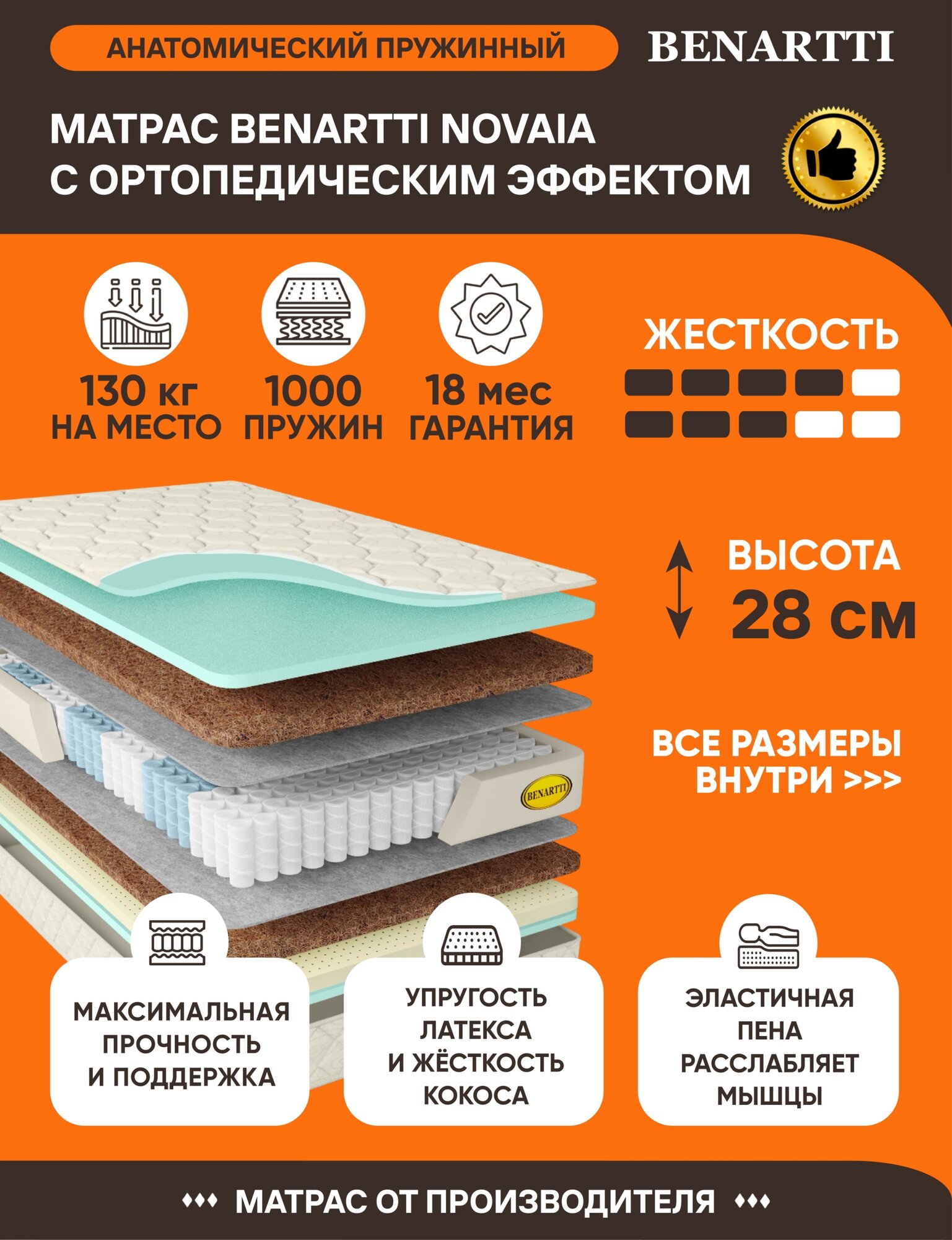 Матрас Benartti Novaia 75х180 серии Lux высота 28 см анатомический средней жесткости кокосовый латексный Независимые