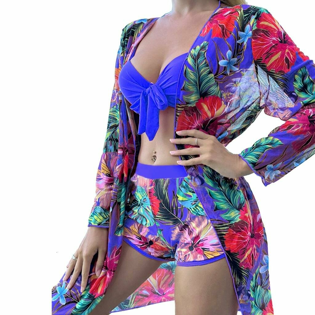 Женский комплект из 3 предметов: бикини, длинный рукав, шорты, Королевский синий - XL