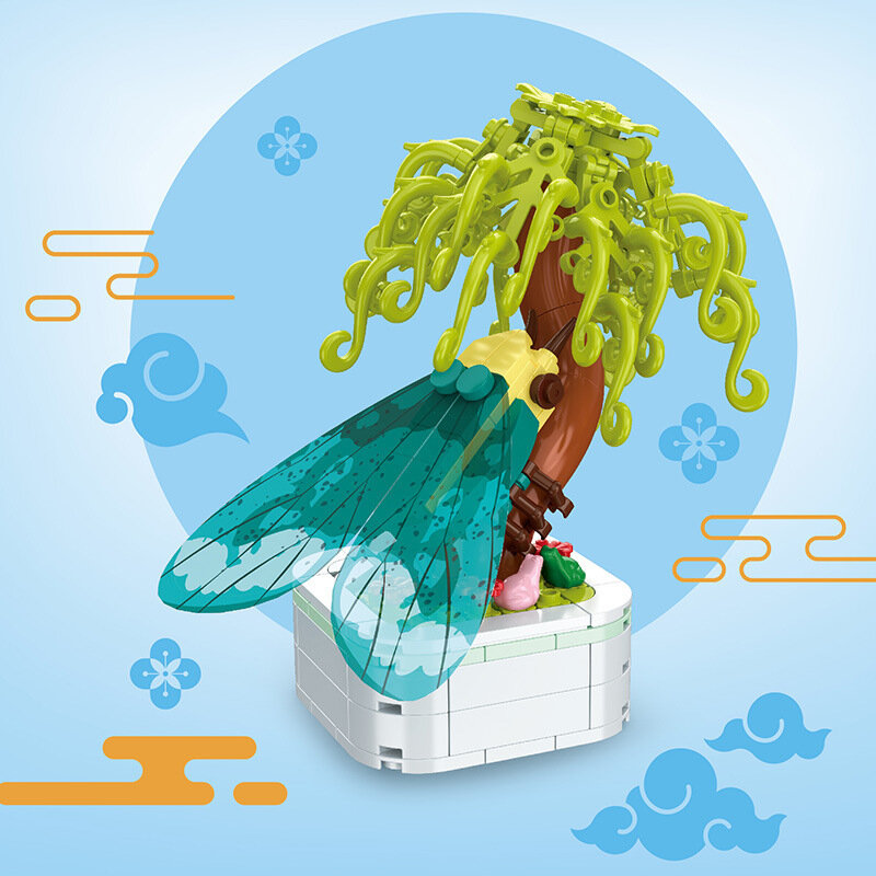 Кубики для строительства Flower Blocks, совместимые с кубиками Lego, горшечная рослина, пазл, собираемые насекомые, бабочка, ландшафтные украшения, подарки 103F (F4 цикада в горшке [цветная коробка] -140г)