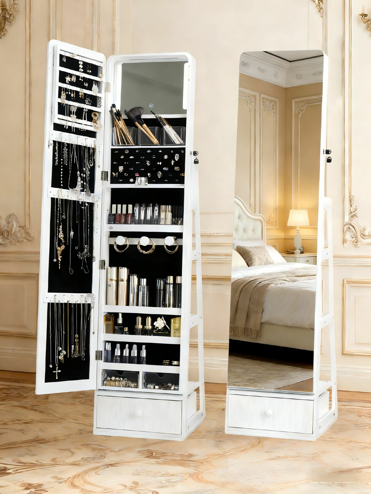 Напольное зеркало "Напольной шкаф", 160x50 см, с ключом, белая рама