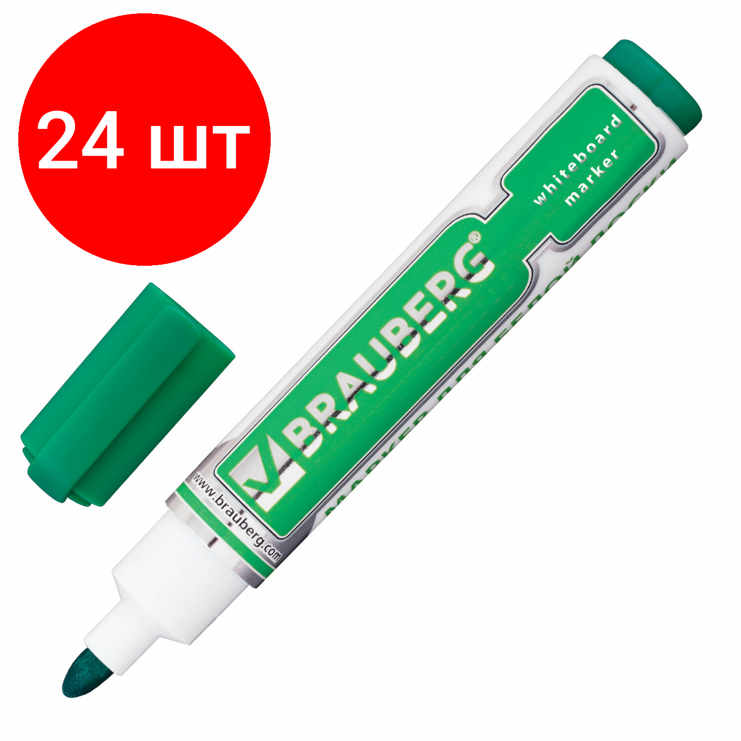 Комплект 24 шт, Маркер стираемый для белой доски зеленый, BRAUBERG "Neo", 5 мм, с клипом, 150490