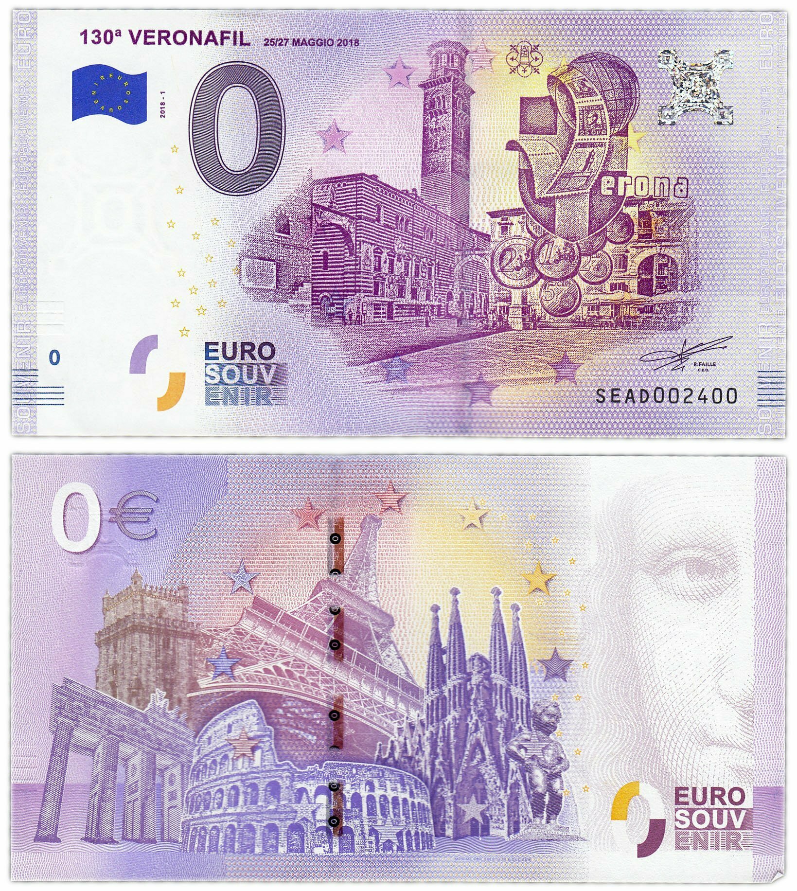 0 евро euro "130-я Международная Выставка в Вероне VERONAFIL" 2018 NEW