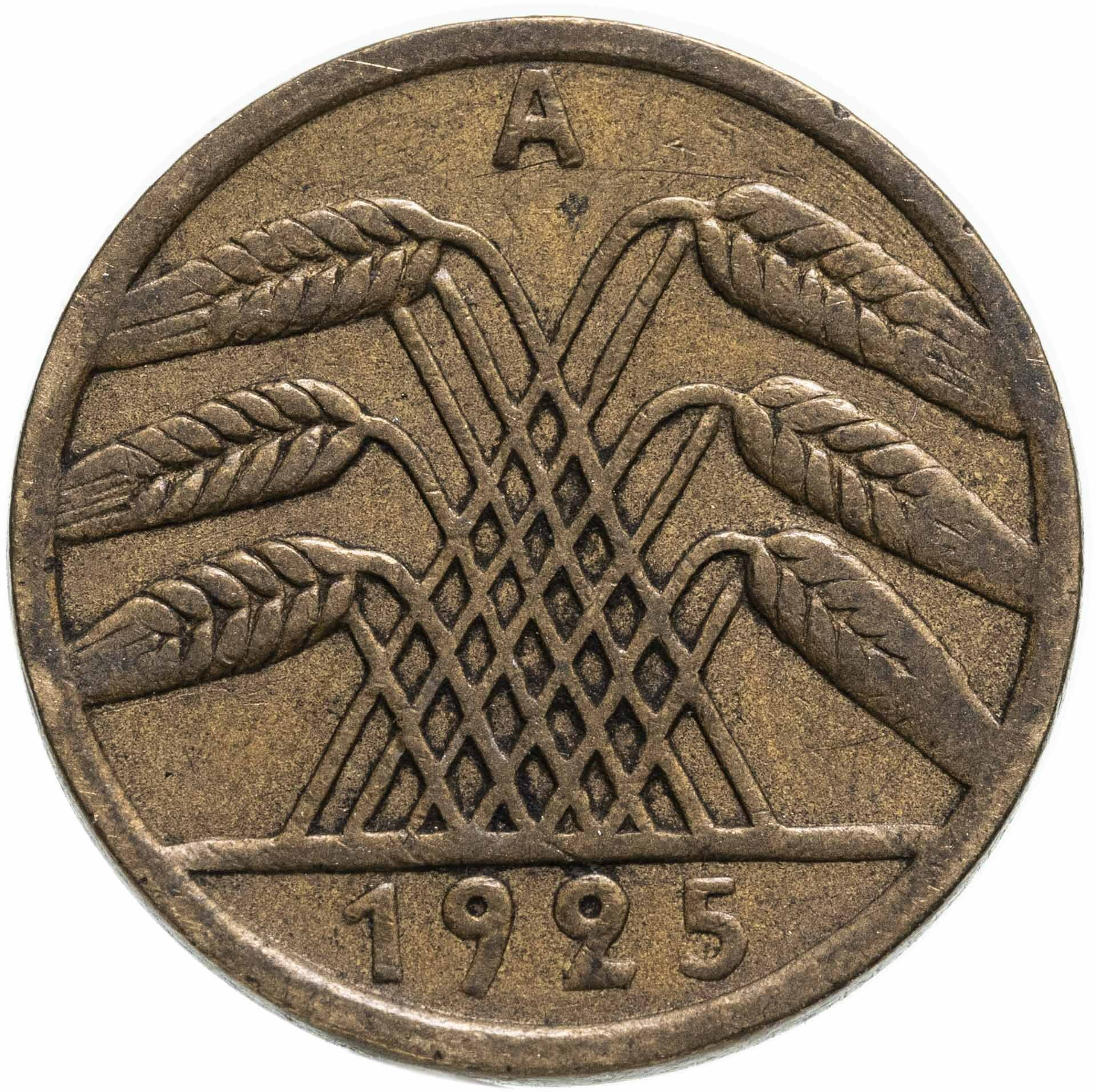 Германия 5 рейхспфеннигов reichspfennig 1925, знак монетного двора "A" — Берлин, Бронза, в сохранности VF-XF