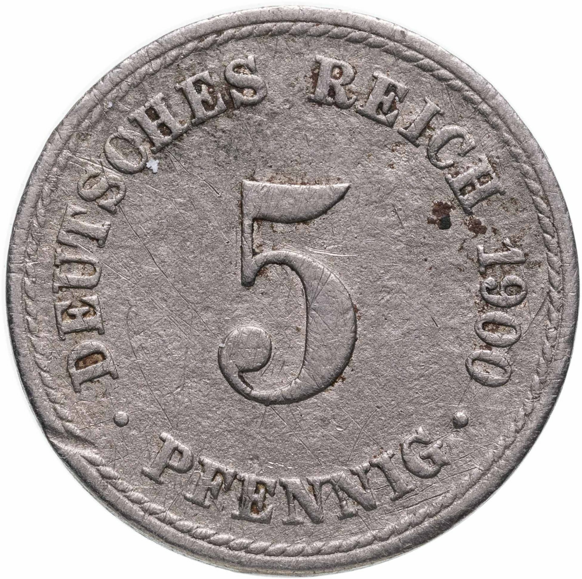 Германия 5 пфеннигов pfennig 1900, знак монетного двора: "A" - Берлин, Мельхиор медь-никель, в сохранности F