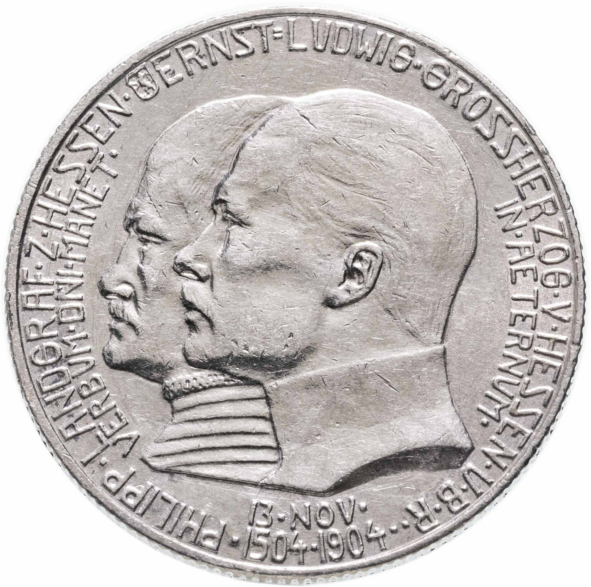 Германия, Гессен 2 марки mark 1904 "400 лет со дня рождения Филиппа I Великодушного", Серебро 900, в сохранности XF