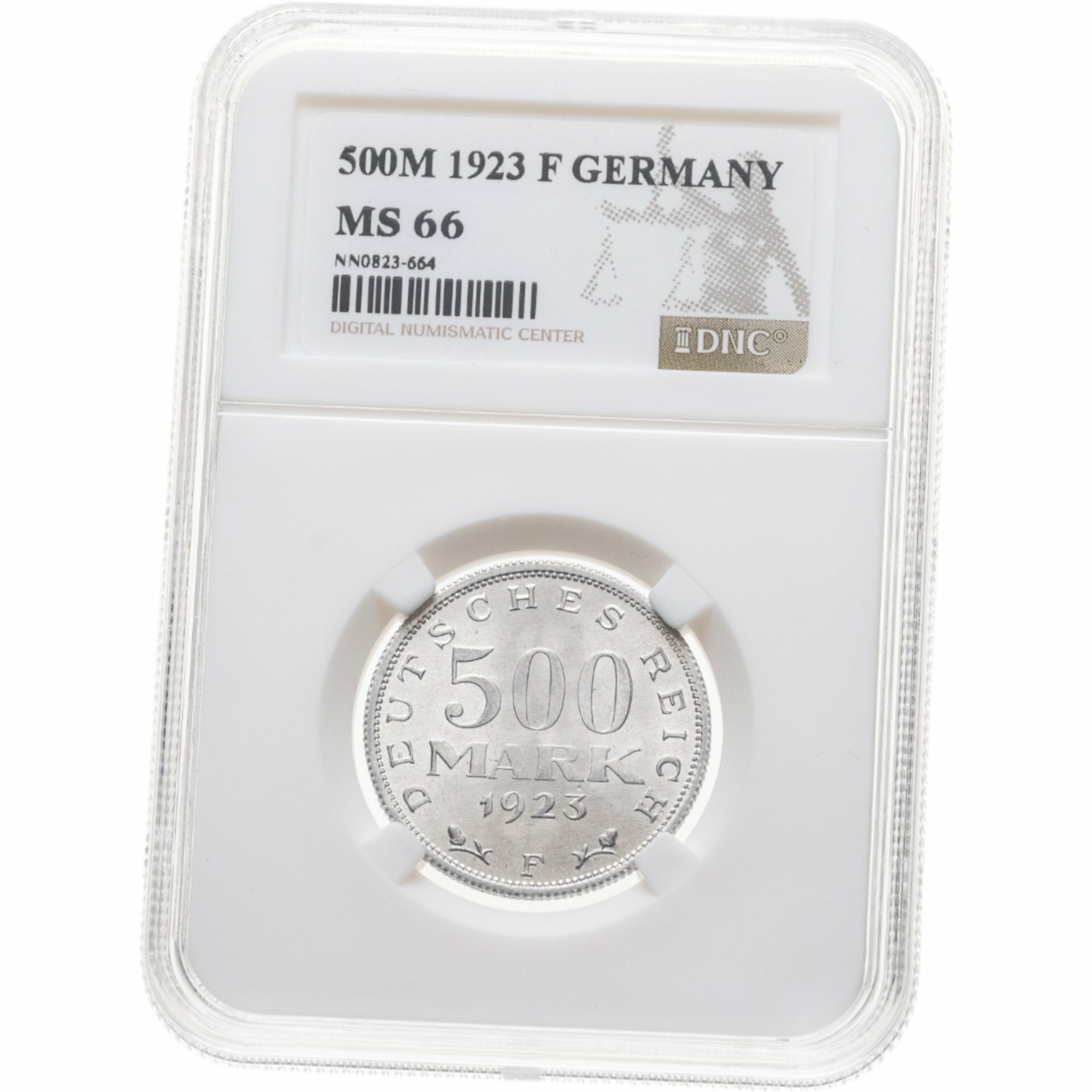 Германия 500 марок 1923 F знак монетного двора "F" — Штутгарт в слабе DNC MS66, Алюминий