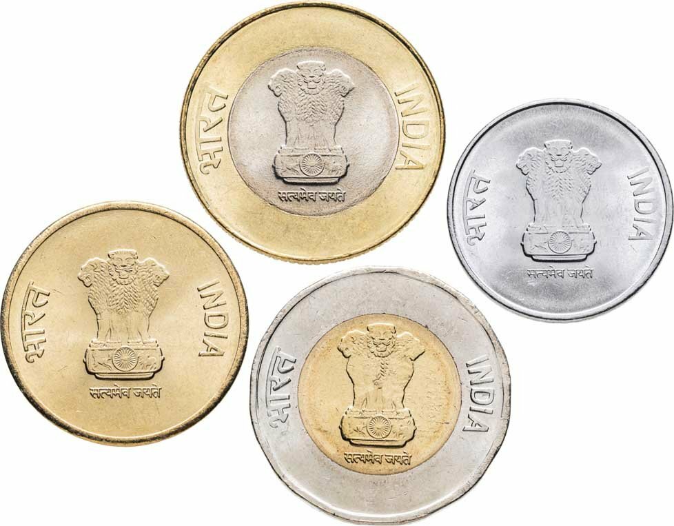 Индия набор юбилейных монет 2, 5, 10, 20 рупий 2022 4 штуки "75 лет независимости", Биметалл, в сохранности UNC