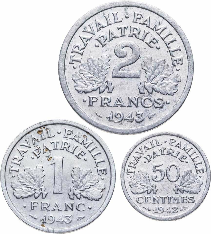 Франция, набор 3 монет: 50 сантимов, 1, 2 франка 1942-1943, Алюминий, в сохранности XF-AU