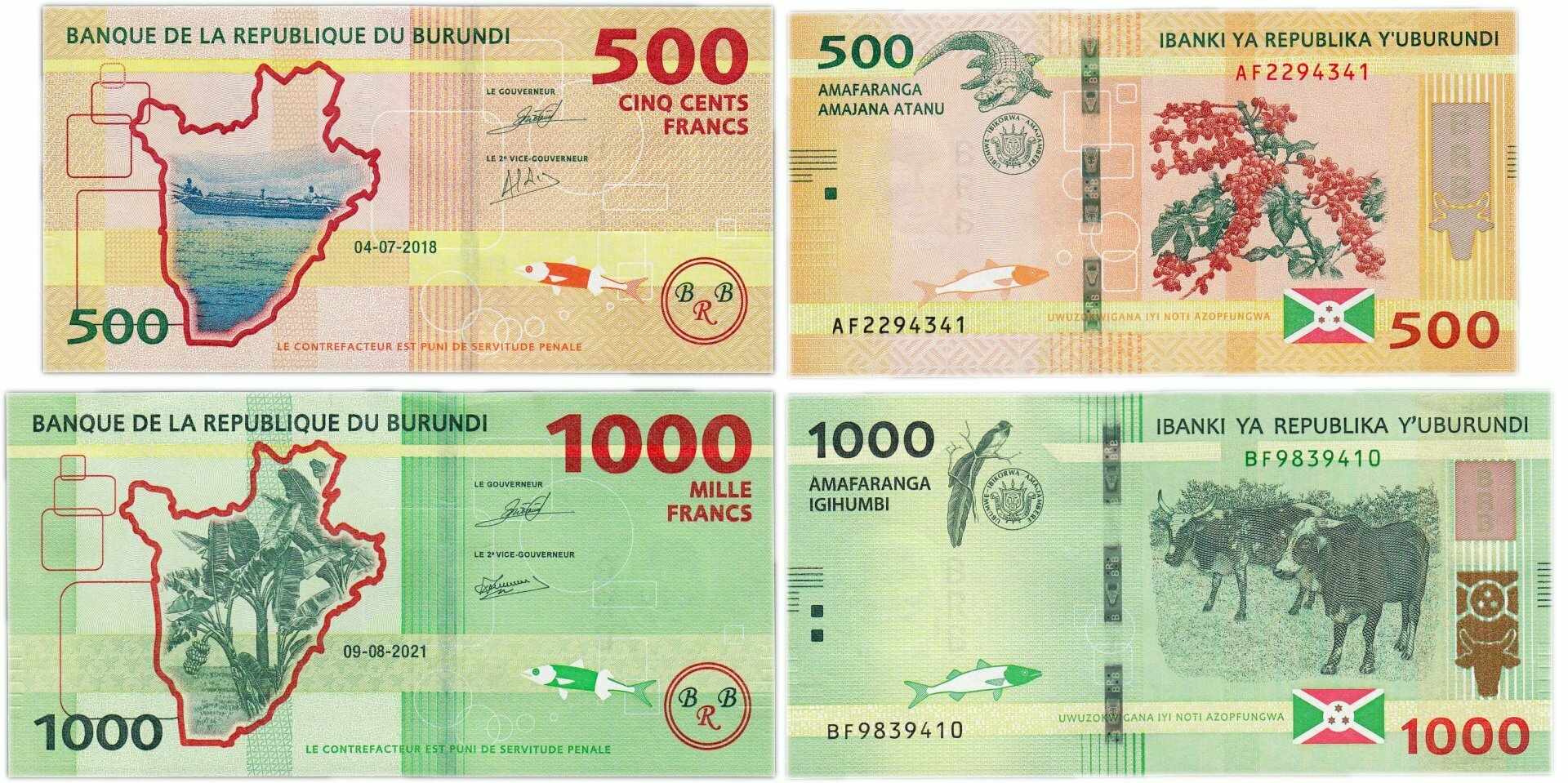Бурунди набор 2 банкноты 500 и 1000 франков 2018 - 2021
