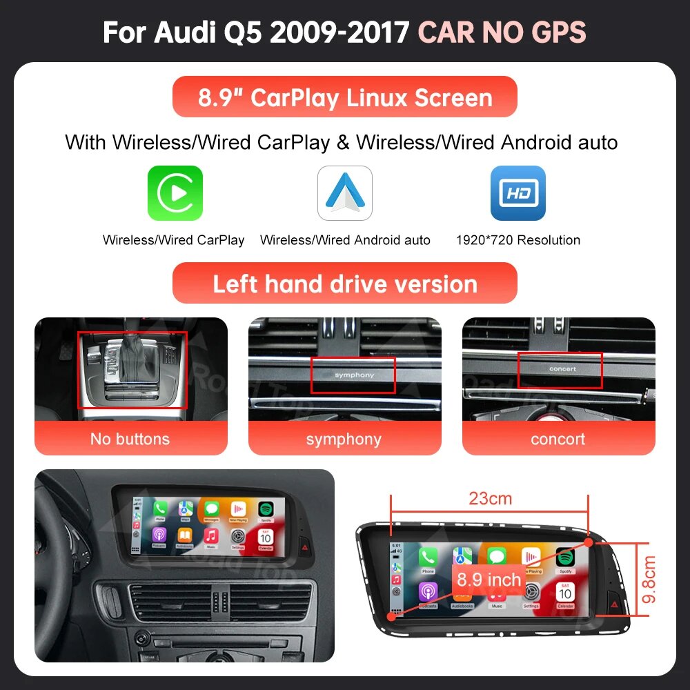 Экран CarPlay Android Auto 8.9" Audi Q5 2009-2017, LHD