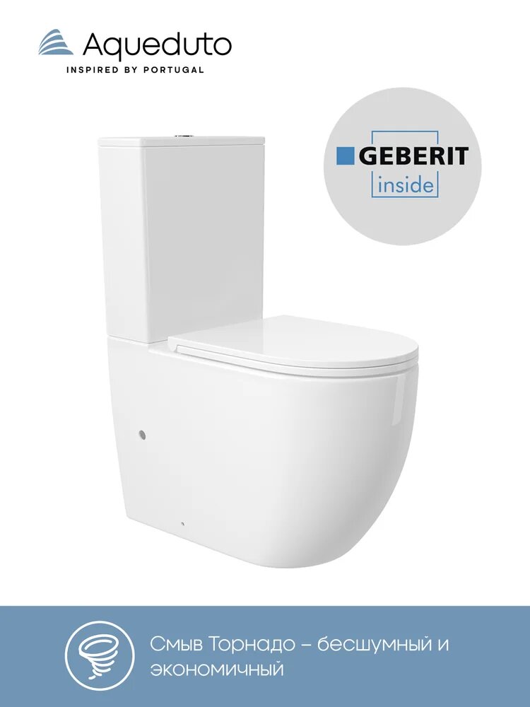 Унитаз-компакт напольный Aqueduto OVO Plus AQDSOVOT10 с микролифтом, безободковый, овальный, фарфоровый, антивсплеск, белый, с нижним подводом
