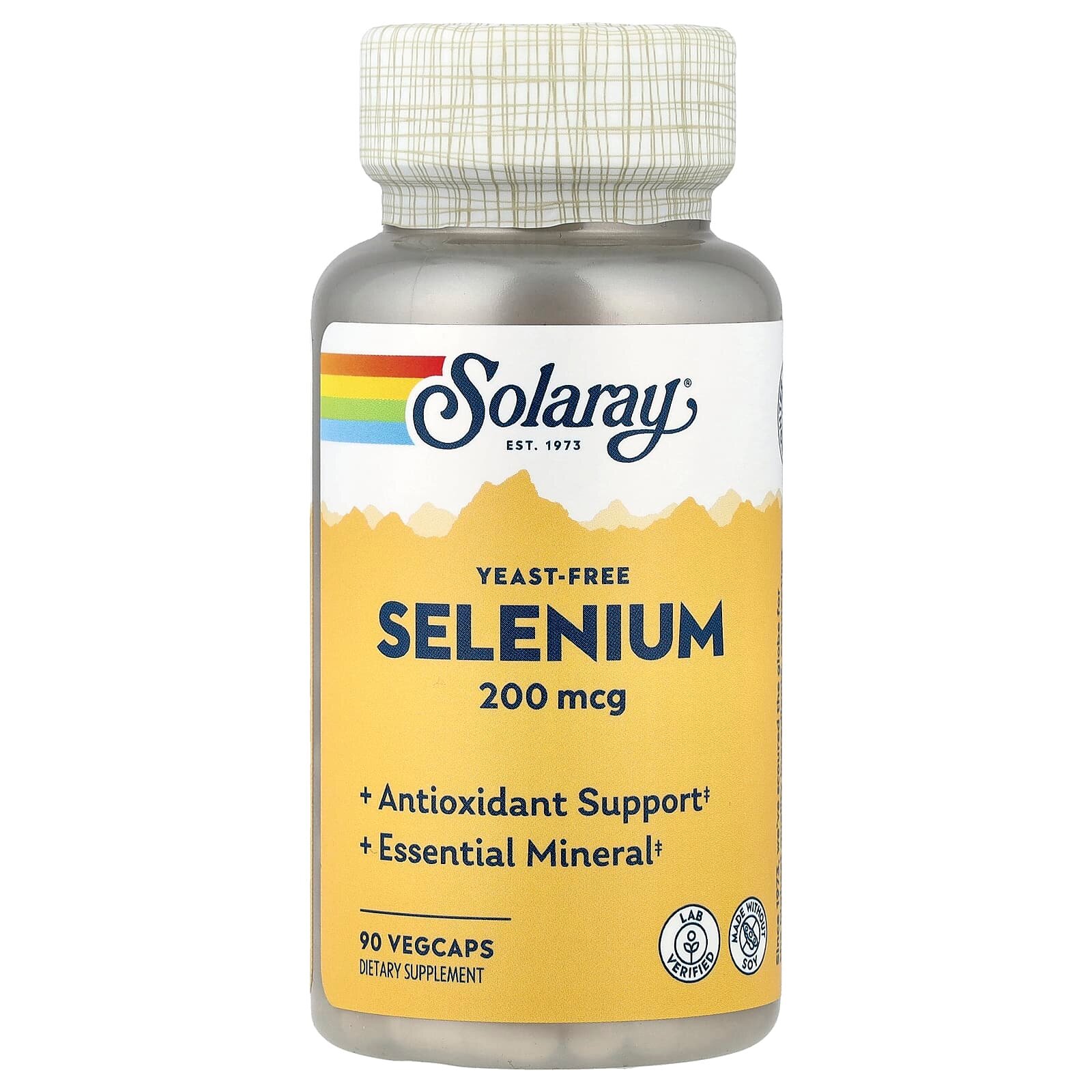 Селен, Solaray Selenium, 200 мкг, 90 капсул, антиоксидантное действие, 200мкг, в капсулах, 90шт.
