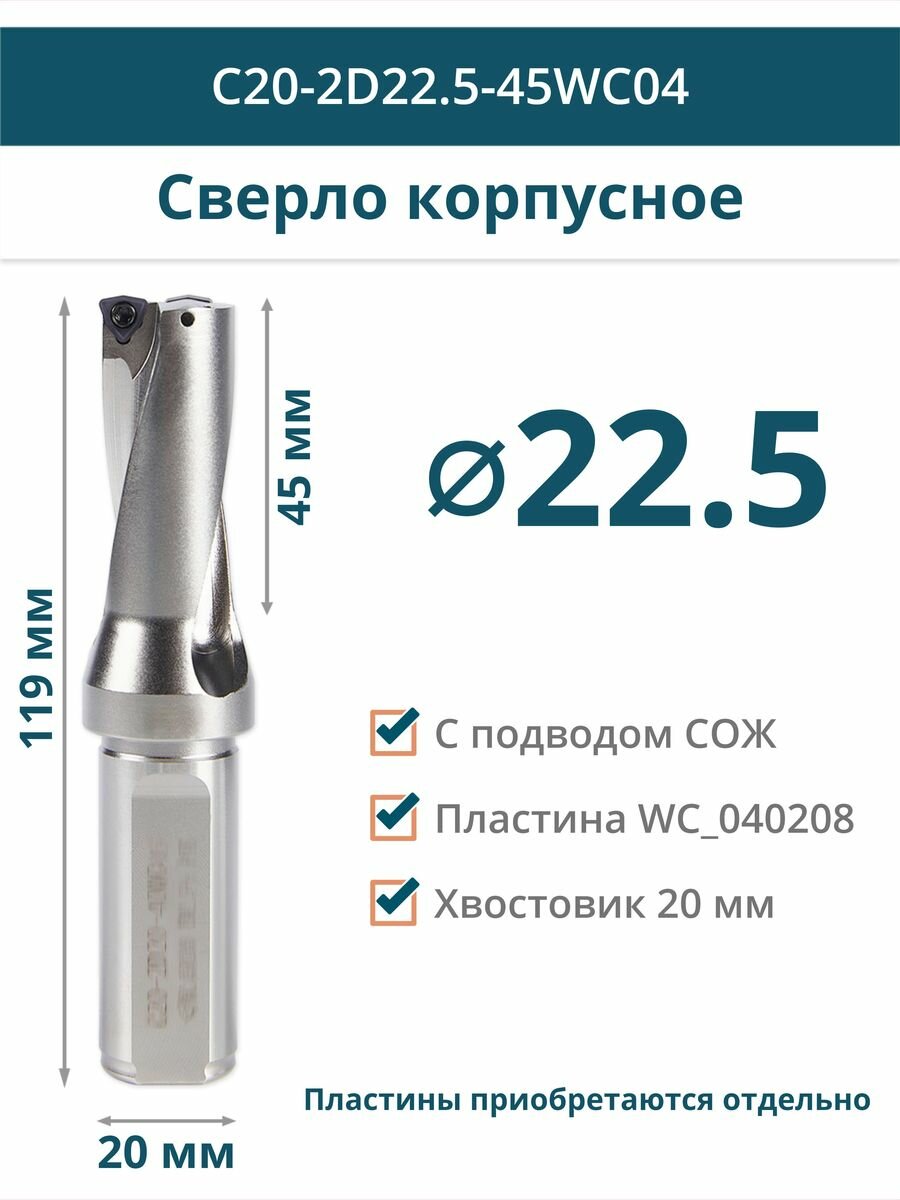 C20-2D22.5-45WC04 сверло корпусное 2D - 22.5 мм / сменная пластина WC_040208