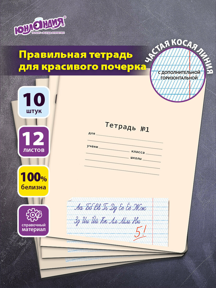 Тетрадь в частую косую линейку 12 листов для школы набор 10 штук, прописи для школьников, Юнландия, 404860