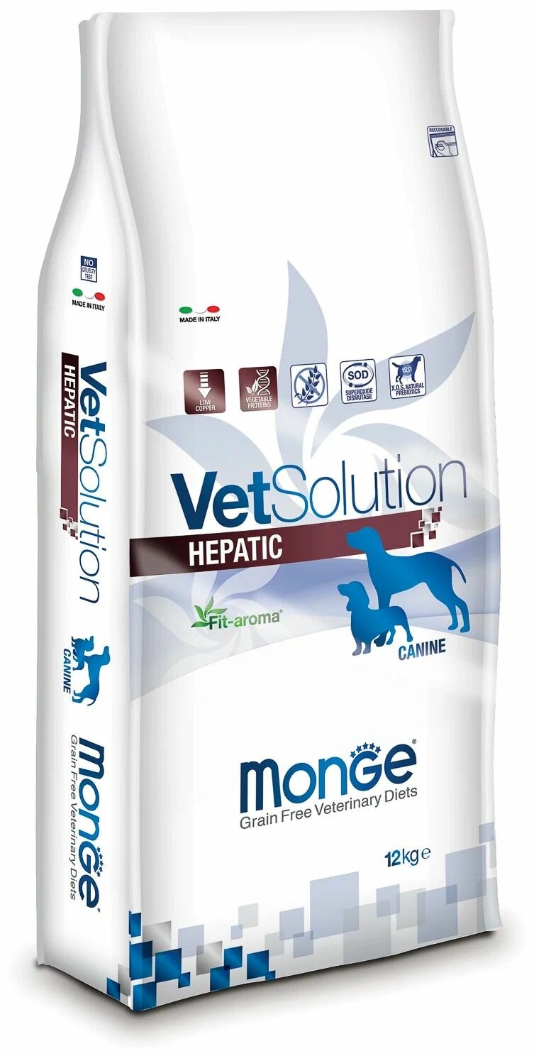 Сухой корм для собак Monge VetSolution Hepatic, при заболеваниях печени, беззерновой 12 кг