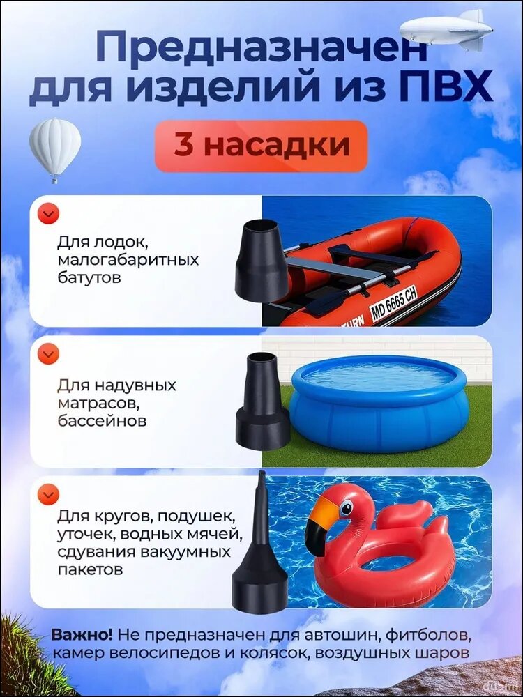 Электрический насос для надувного матраса, лодки, мяча, бассейна, кровати - черный — фото 1